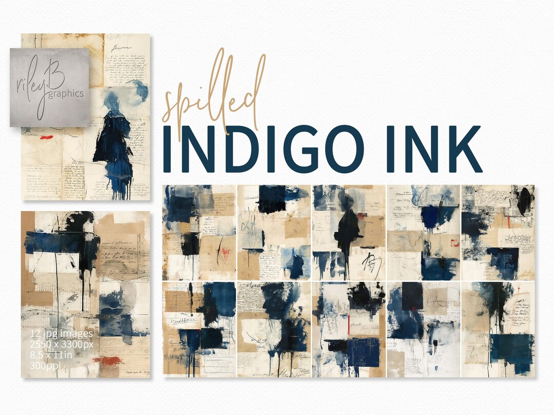 Spilled Indigo Ink Collage Paintings - Navy Beige Collages - Digital ...