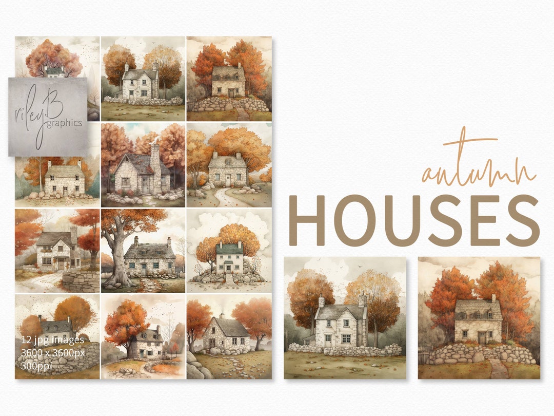 Autumn Houses Illustrations - Vintage Style Fall Cottages - Autumn ...