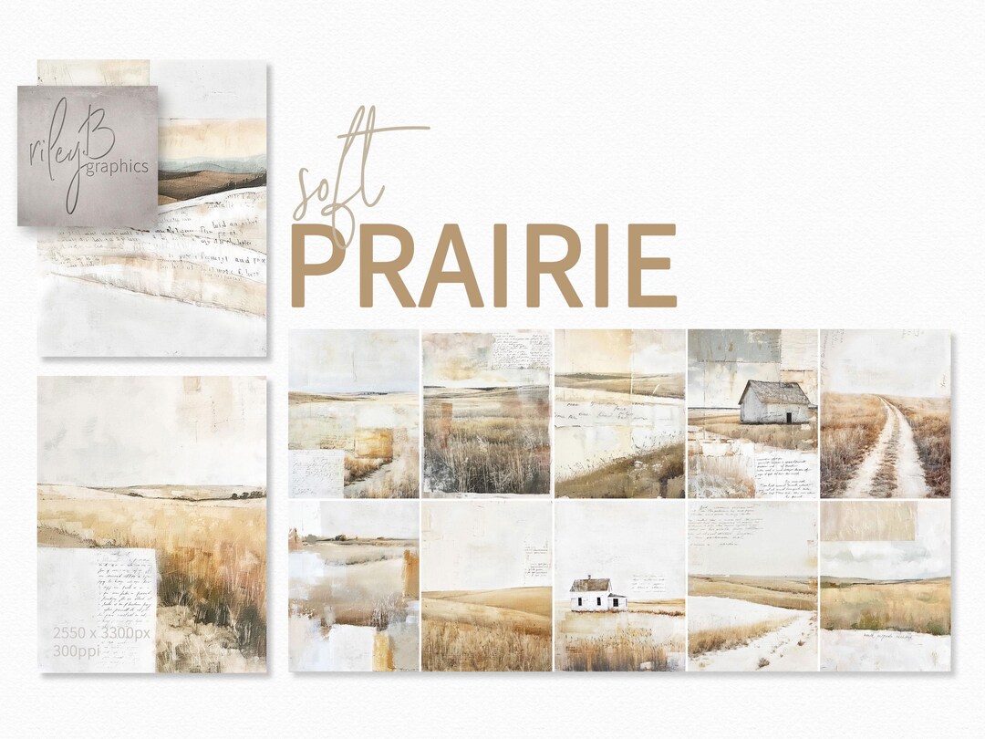 Soft Prairie - Landscape Collage Art – Neutral & Ochre Digital Prairie Backgrounds - Rustic ...