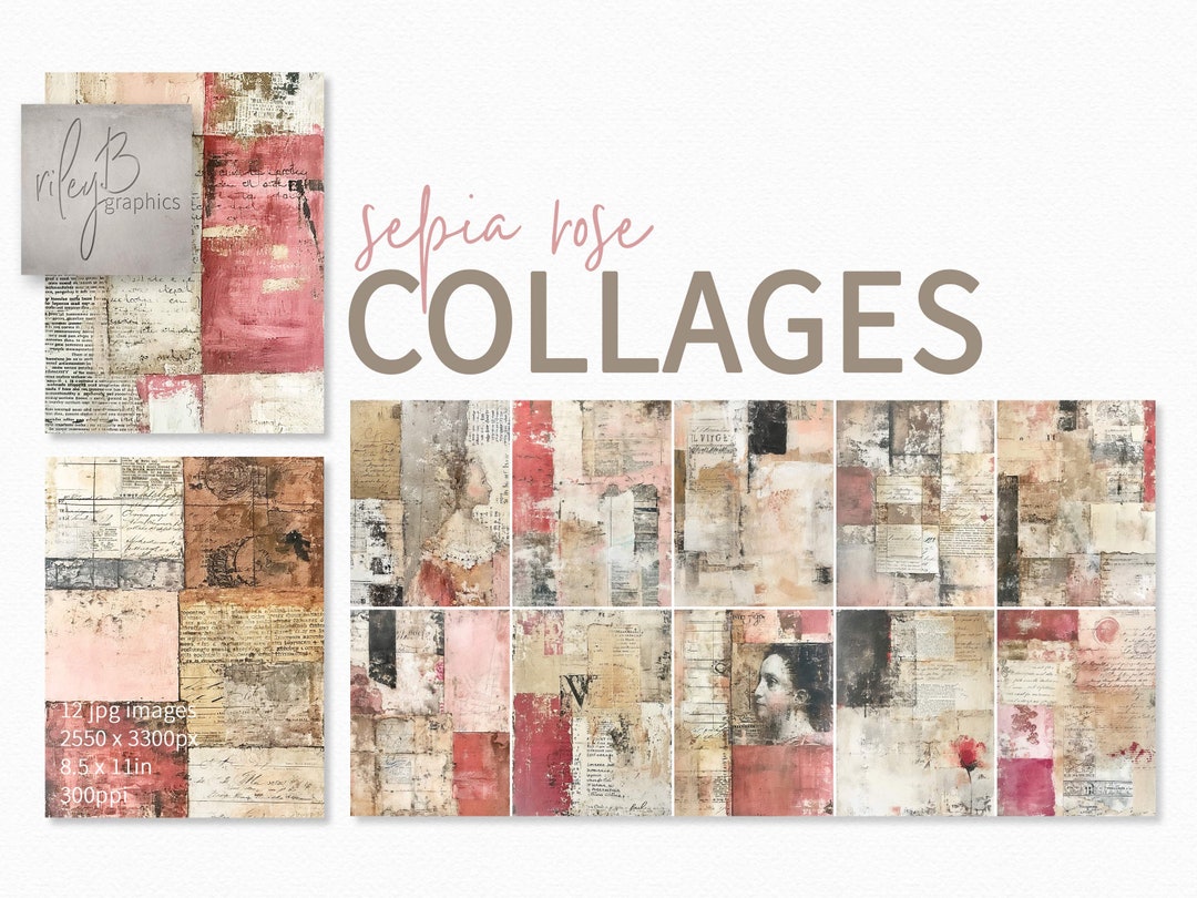 Sepia Rose Collages – Faded Pinks and Worn Newsprint – Vintage Paper ...