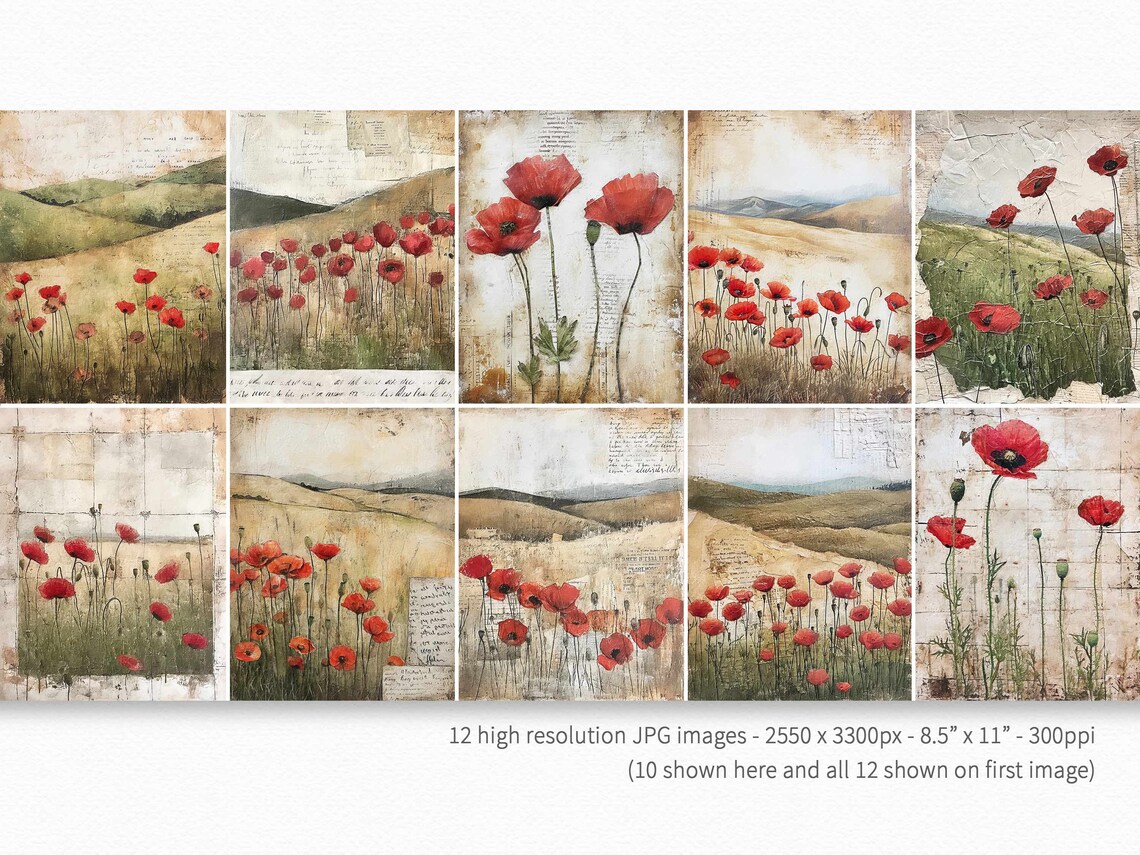 Rustic Poppies – Vintage Field Floral Art – Red Wildflower Meadow ...