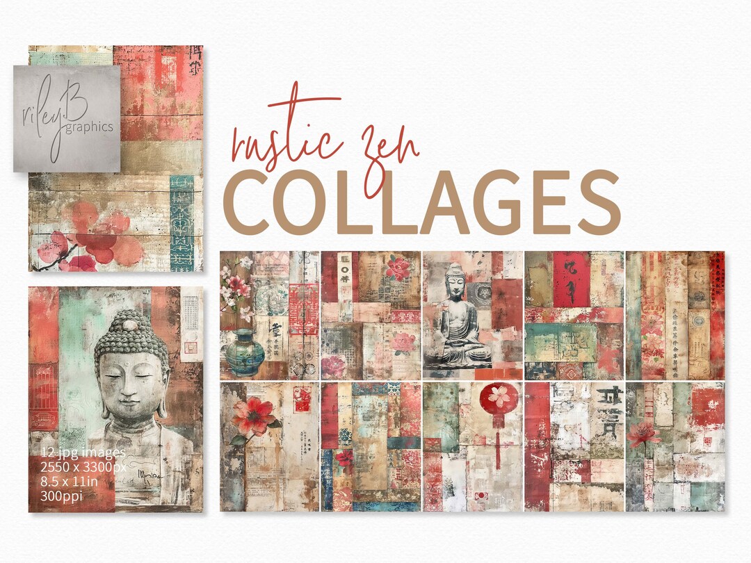 Rustic Zen Collages – Asian Inspired Mixed Media Art – Buddha Floral ...