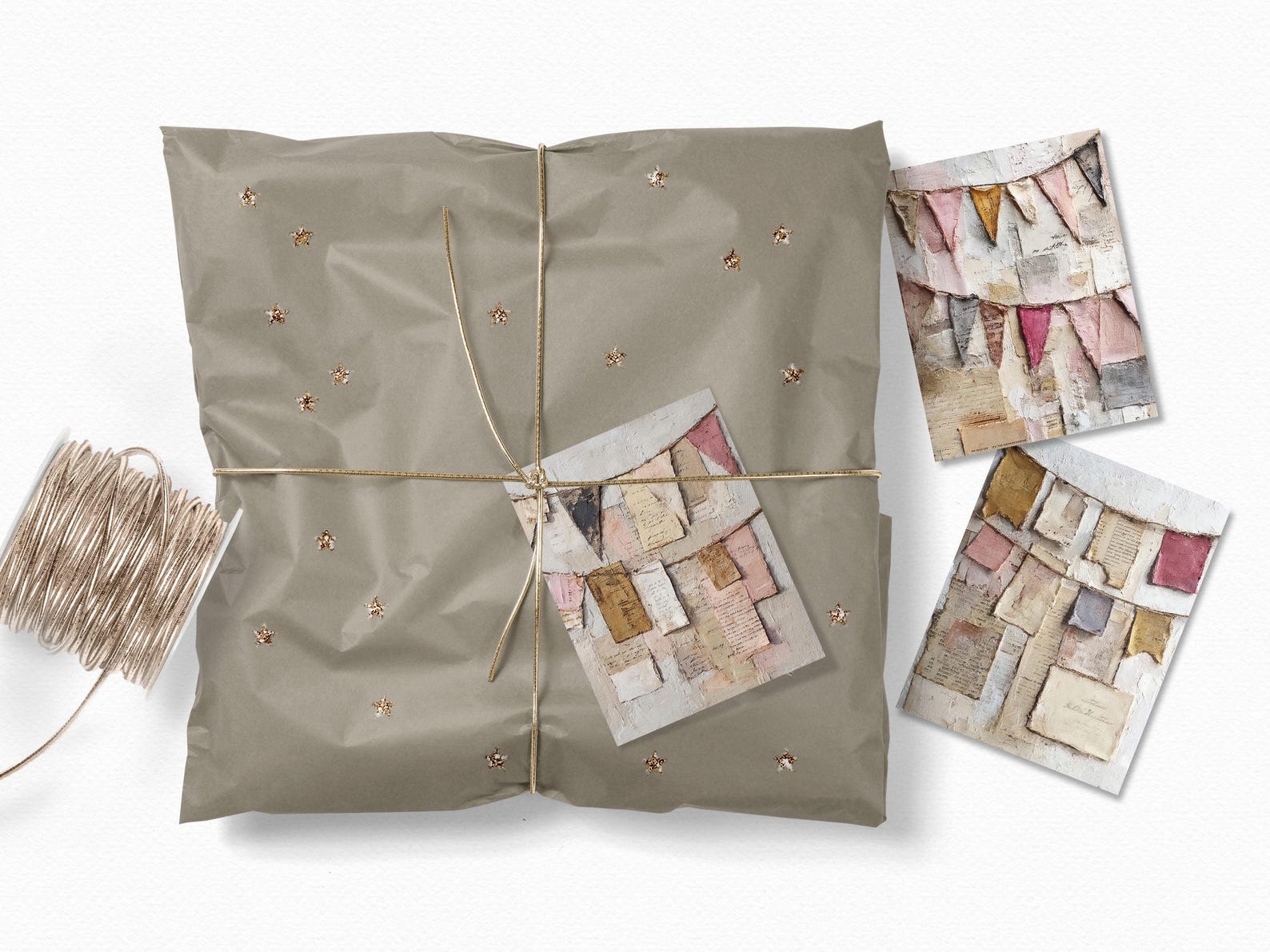 Vintage Birthday Bunting – Neutral Collage Flags – Faded Pink and Ochre ...
