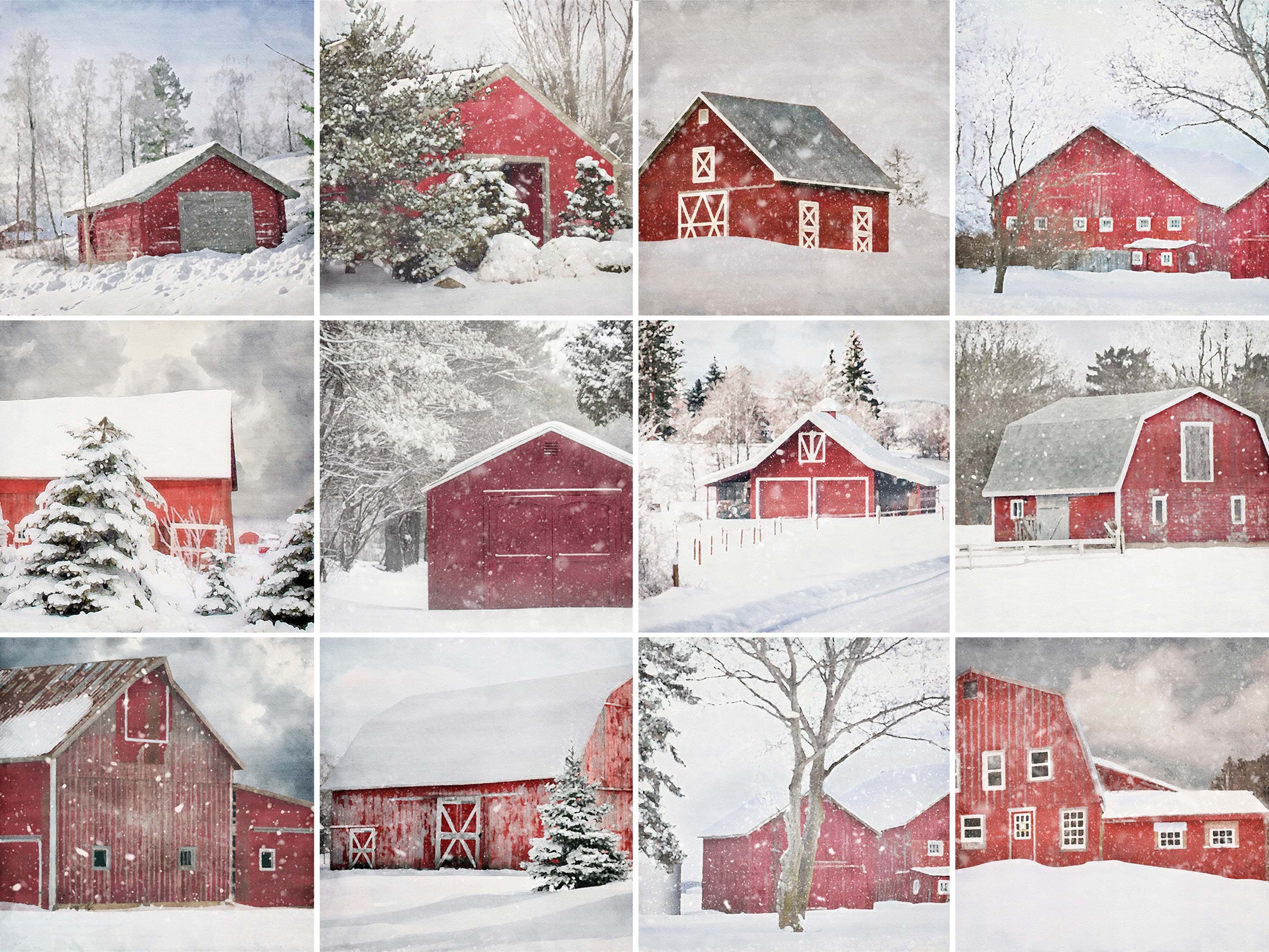 Red Winter Barns Watercolors Winter Scenes Winter - Etsy