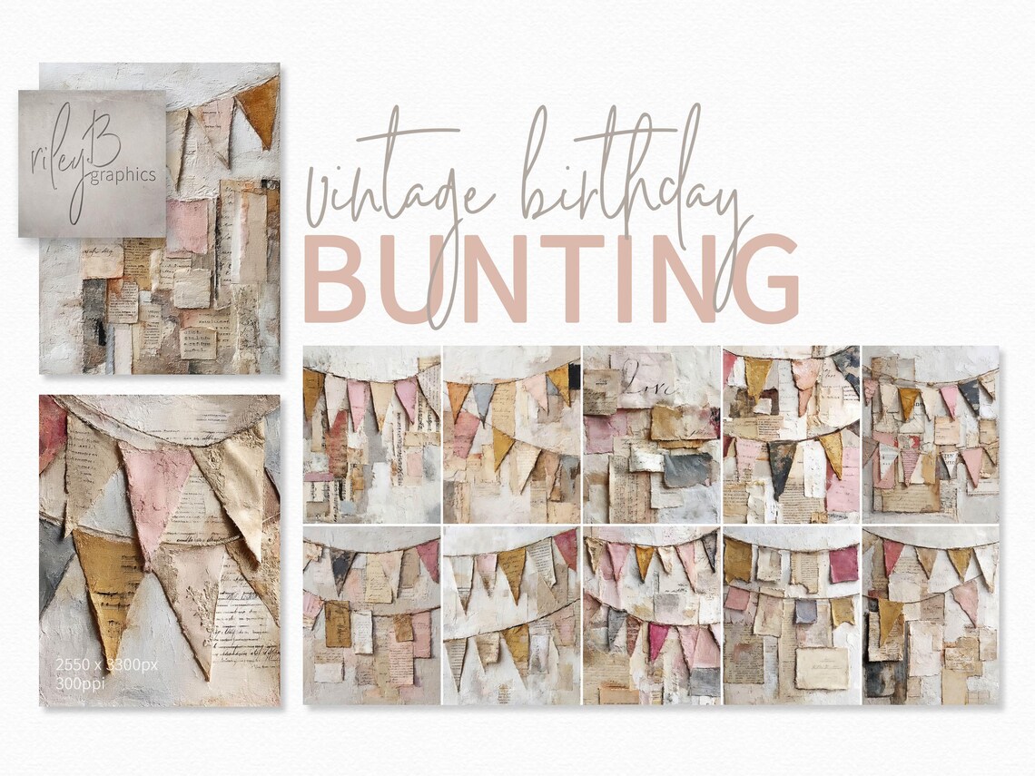 Vintage Birthday Bunting – Neutral Collage Flags – Faded Pink and Ochre ...