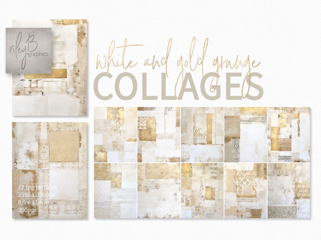 White and Gold Grunge Collages - Vintage Textured Art - Subtle Mixed ...
