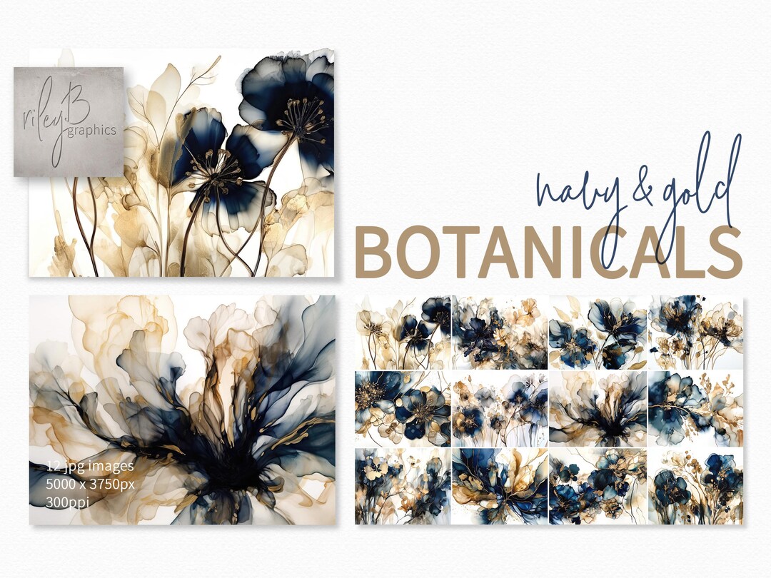 Navy and Gold Botanicals Navy Blue and Beige Alcohol Ink Effect ...