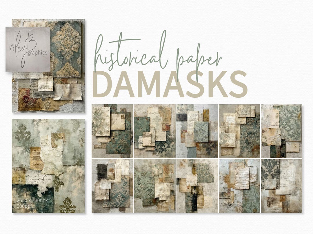 Historical Paper Damasks – Antique Green and Beige Patterned Collage ...
