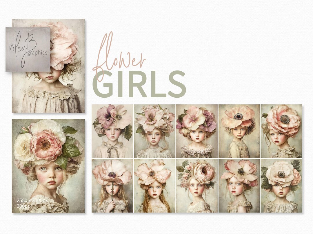 Flower Girls - Soft Tone Flower Hats - Floral Hats Portrait Paintings ...