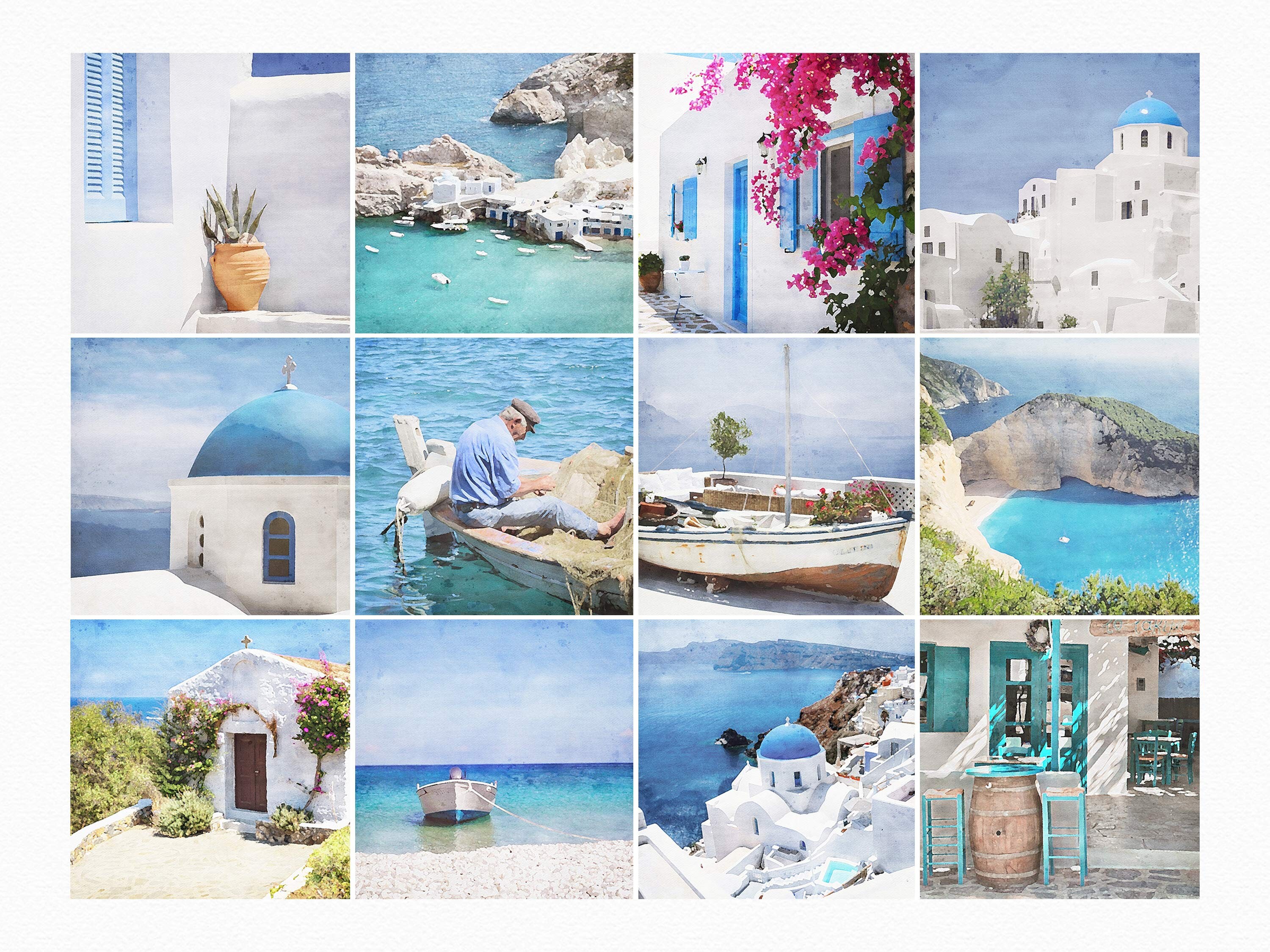 Greek Island Watercolors – Santorini Blue Domes – Aegean Sea Views ...