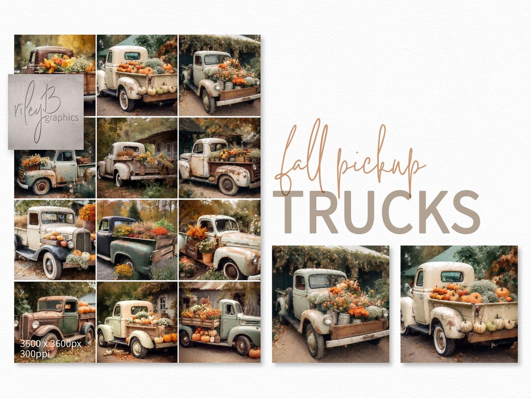 Fall Pickup Trucks – Vintage Truck Autumn Decor – Rustic Pumpkin Truck ...