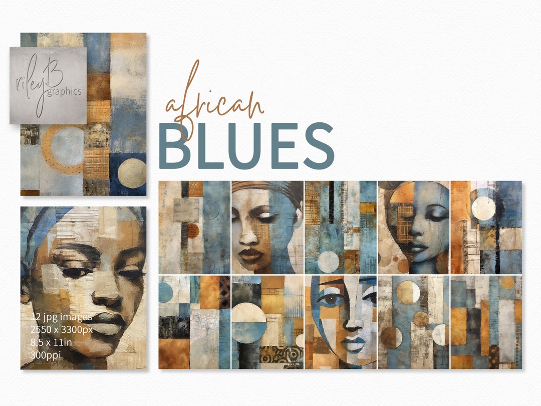 African Blues Collage Paintings - Junk Journal Collages - Abstract ...