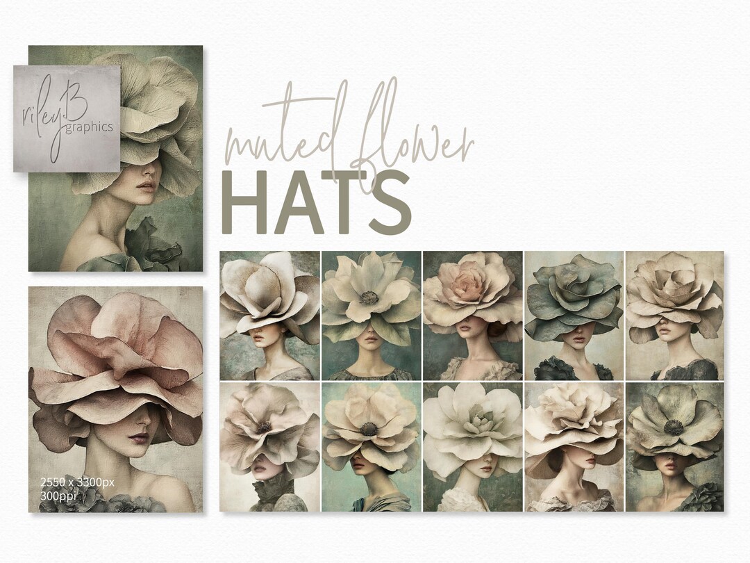 Muted Flower Hats – Surreal Floral Portraits – Soft Beige and Green ...