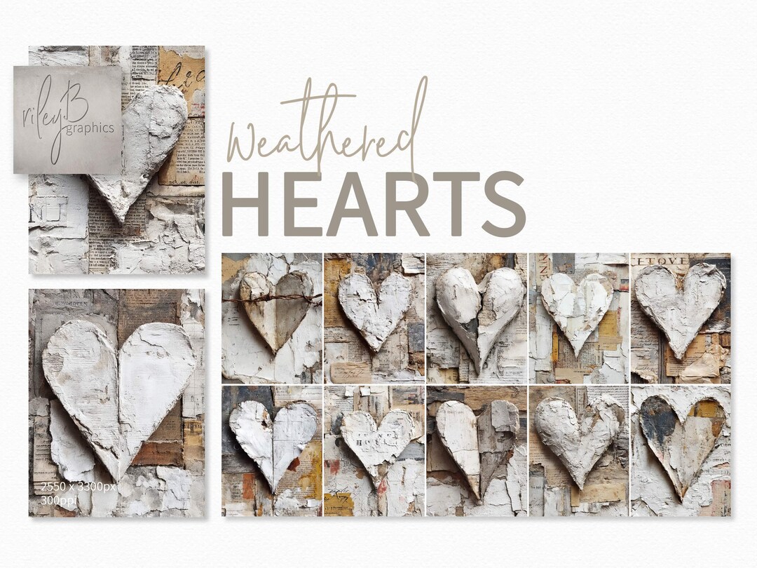 Weathered Hearts – Neutral White Plaster Heart Collage Art – Vintage ...