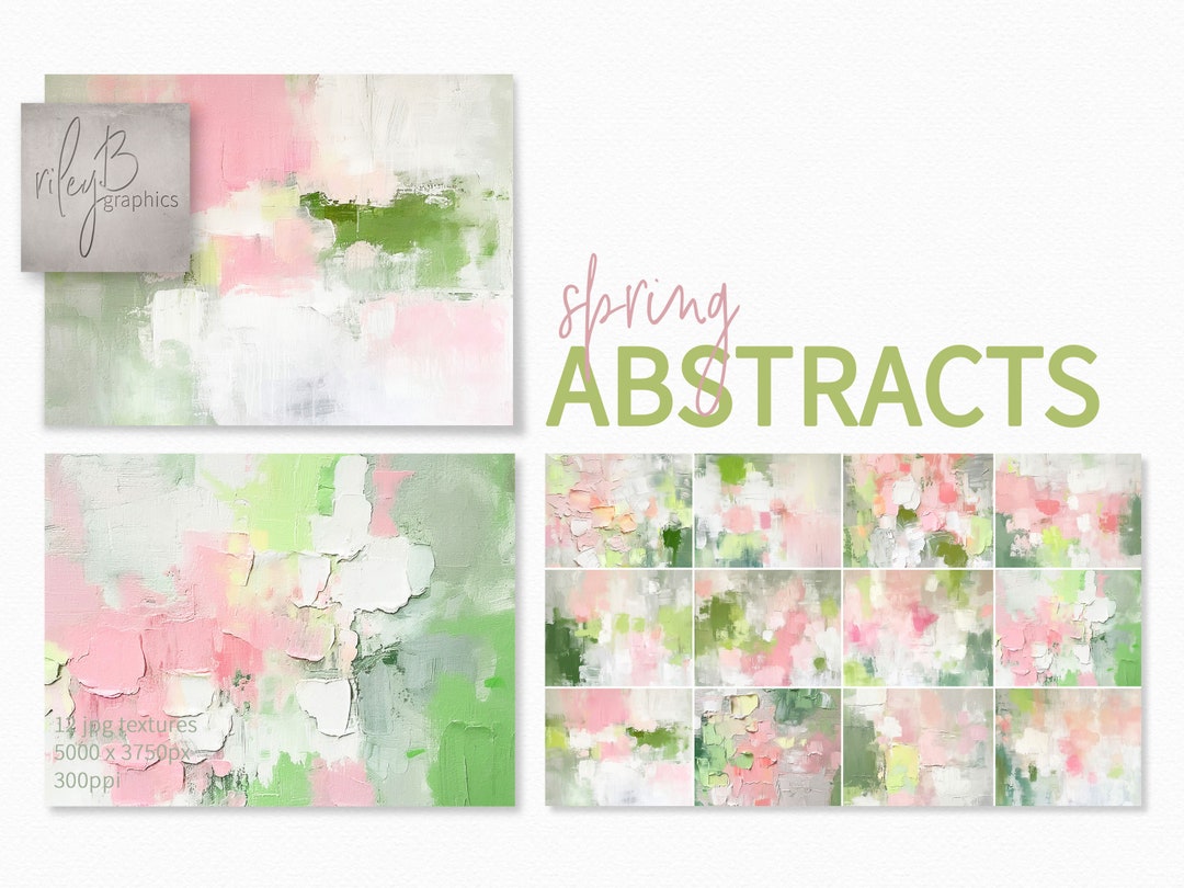 Spring Abstract Paintings - Digital Pink and Green Textured Paintings ...