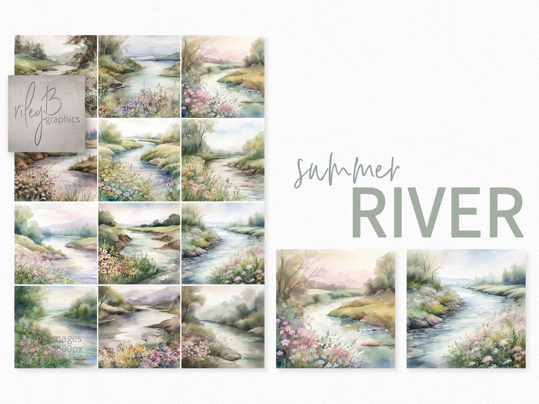 Summer River Watercolors - Floral River Landscape Digital Watercolors ...