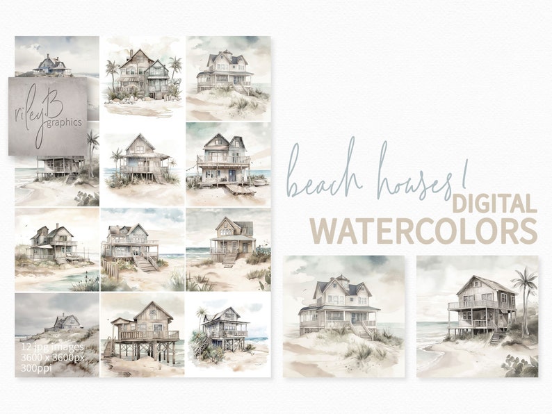 Beach Houses 1 Watercolors Digital Beach House Scenes - Etsy