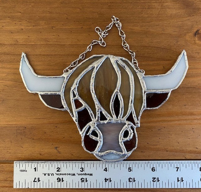 Stained Glass Highland Cow Suncatcher Textured Brown Bull With Golden ...