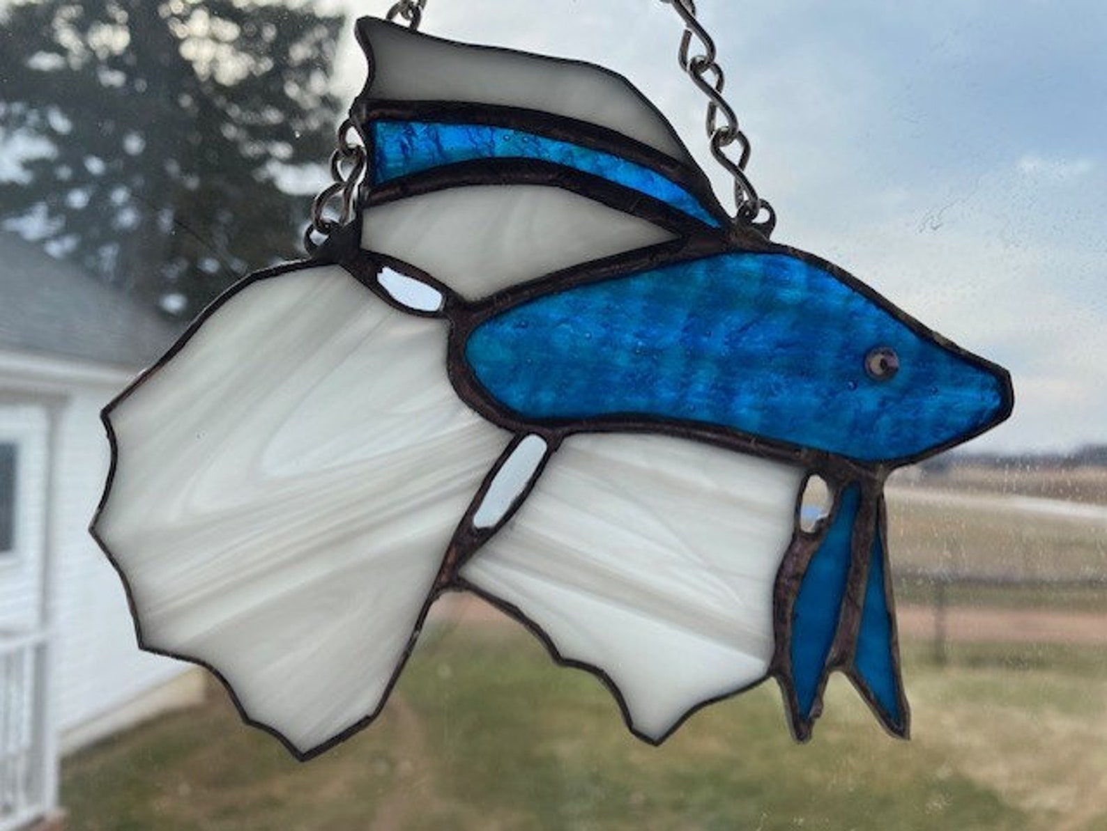 Beautiful Stained Glass Betta Suncatcher Blue Texture Waving Glass ...