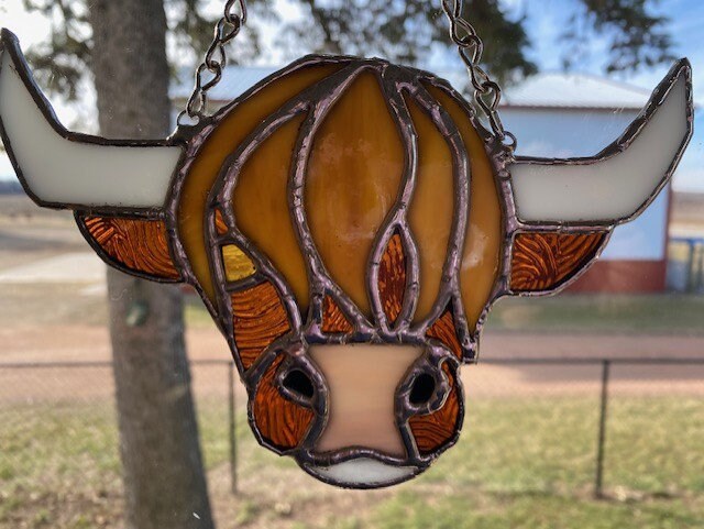 Stained Glass Highland Cow Suncatcher Textured Brown Bull With Golden ...