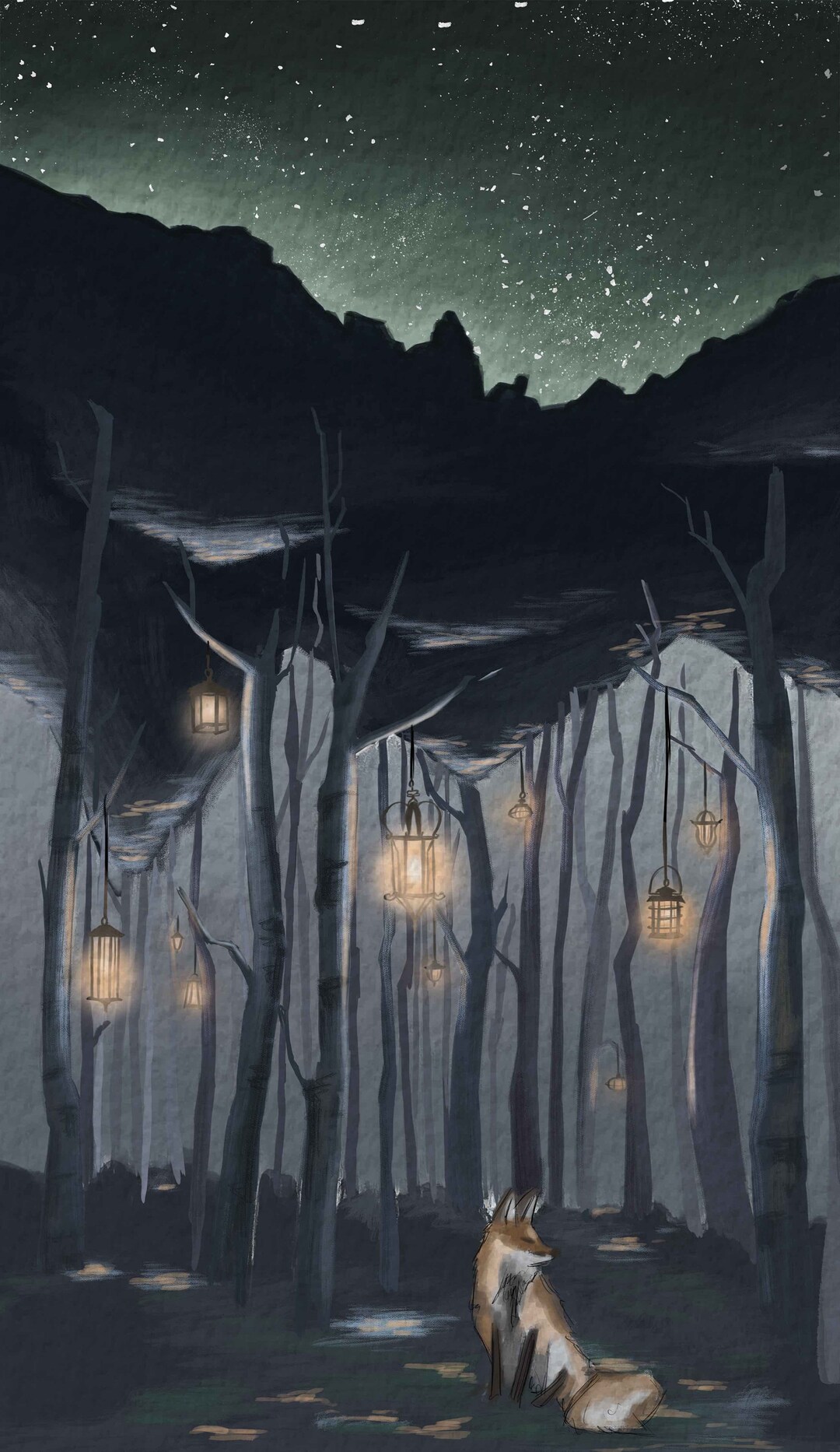 Fox Lantern Forest Illustration Night Original Art Print - Etsy