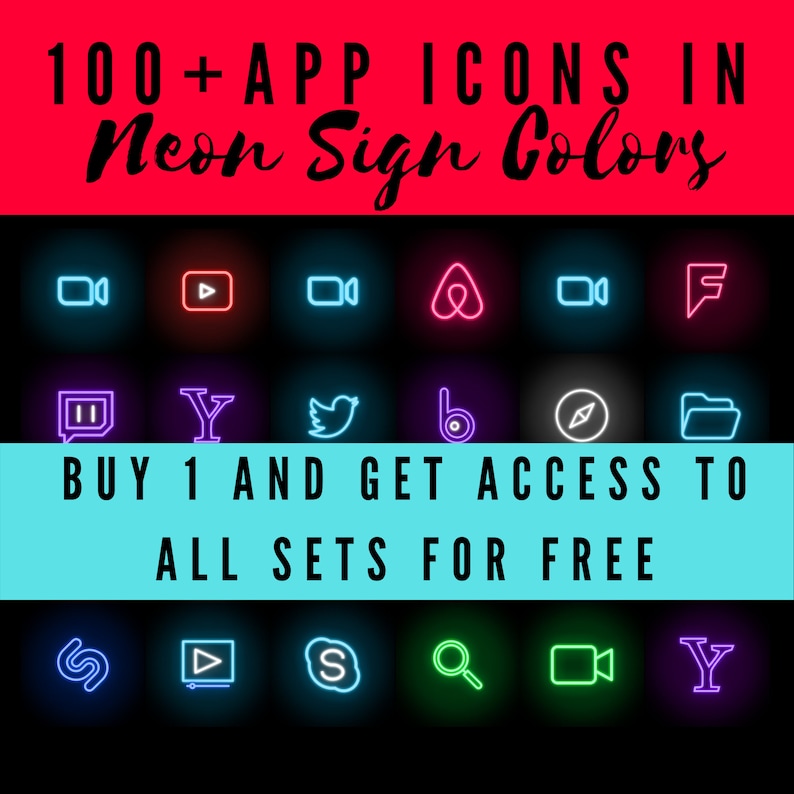 100+ App Icons in Neon Lights Theme. Ios14 App Icons Black for Iphone ...