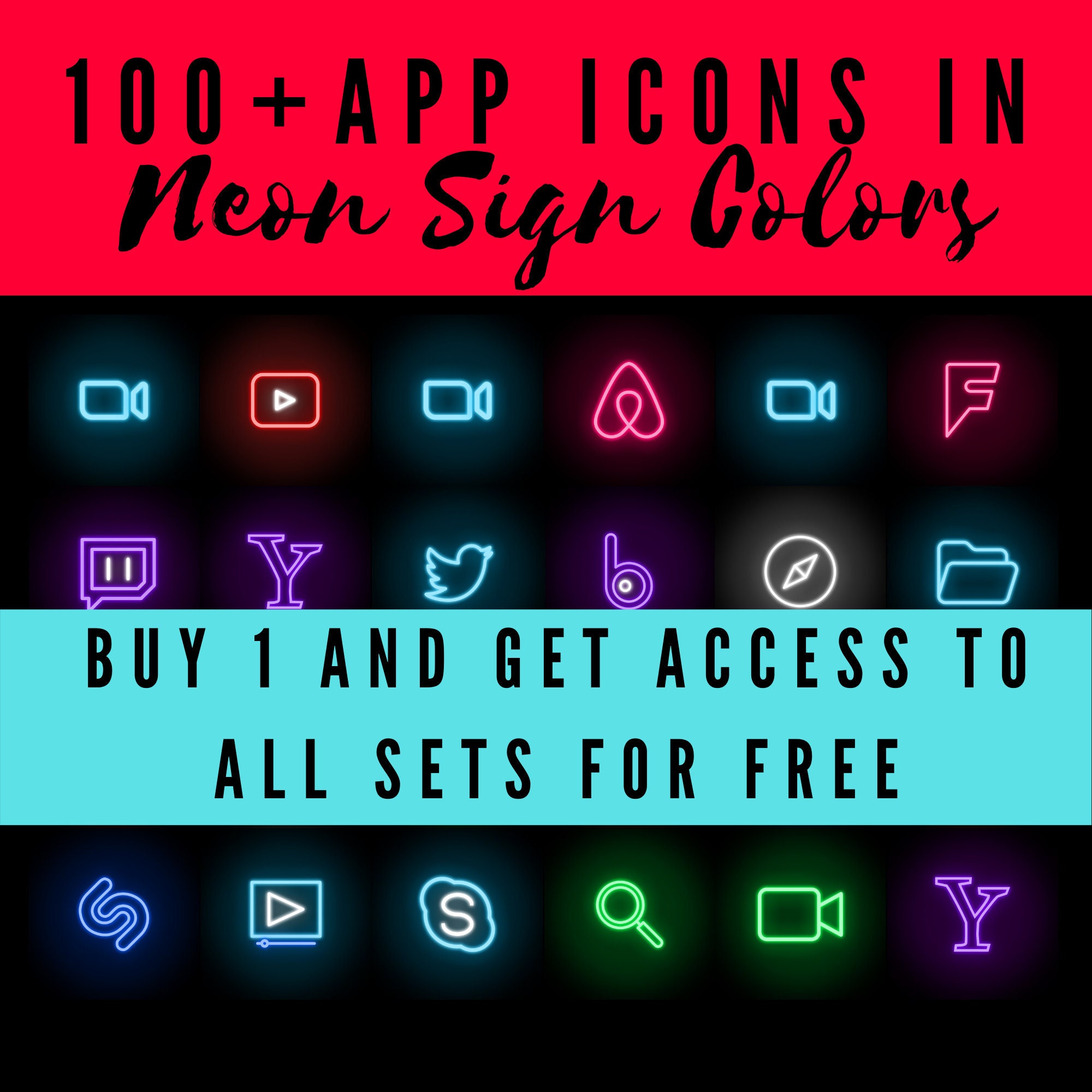 100+ App Icons in Neon Lights Theme. Ios14 App Icons Black for Iphone ...