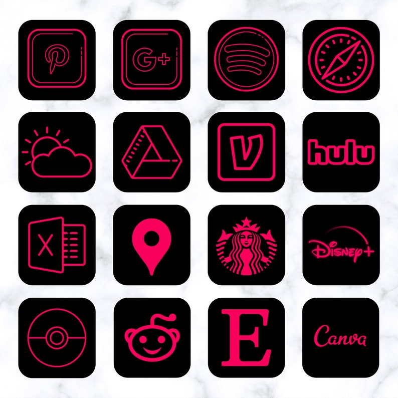 App Icons for Ios 14 in Black and Hot Pink. Ios14 App Icons for iPhone ...
