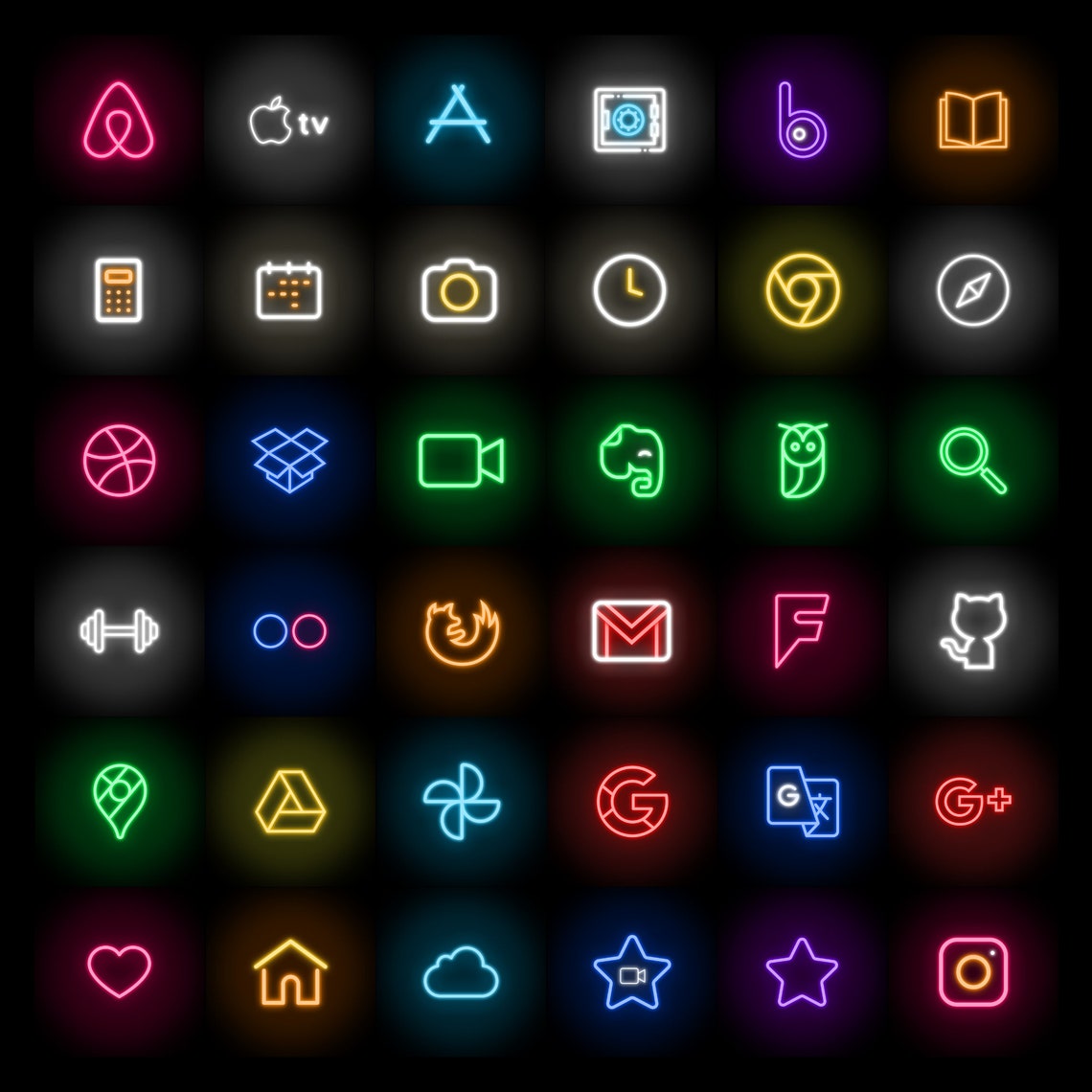100+ App Icons in Neon Lights Theme. Ios14 App Icons Black for Iphone ...