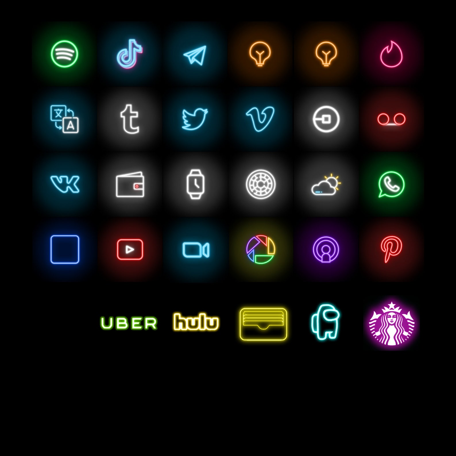 100 App Icons in Neon Lights Theme. Ios14 App Icons Black for Iphone ...