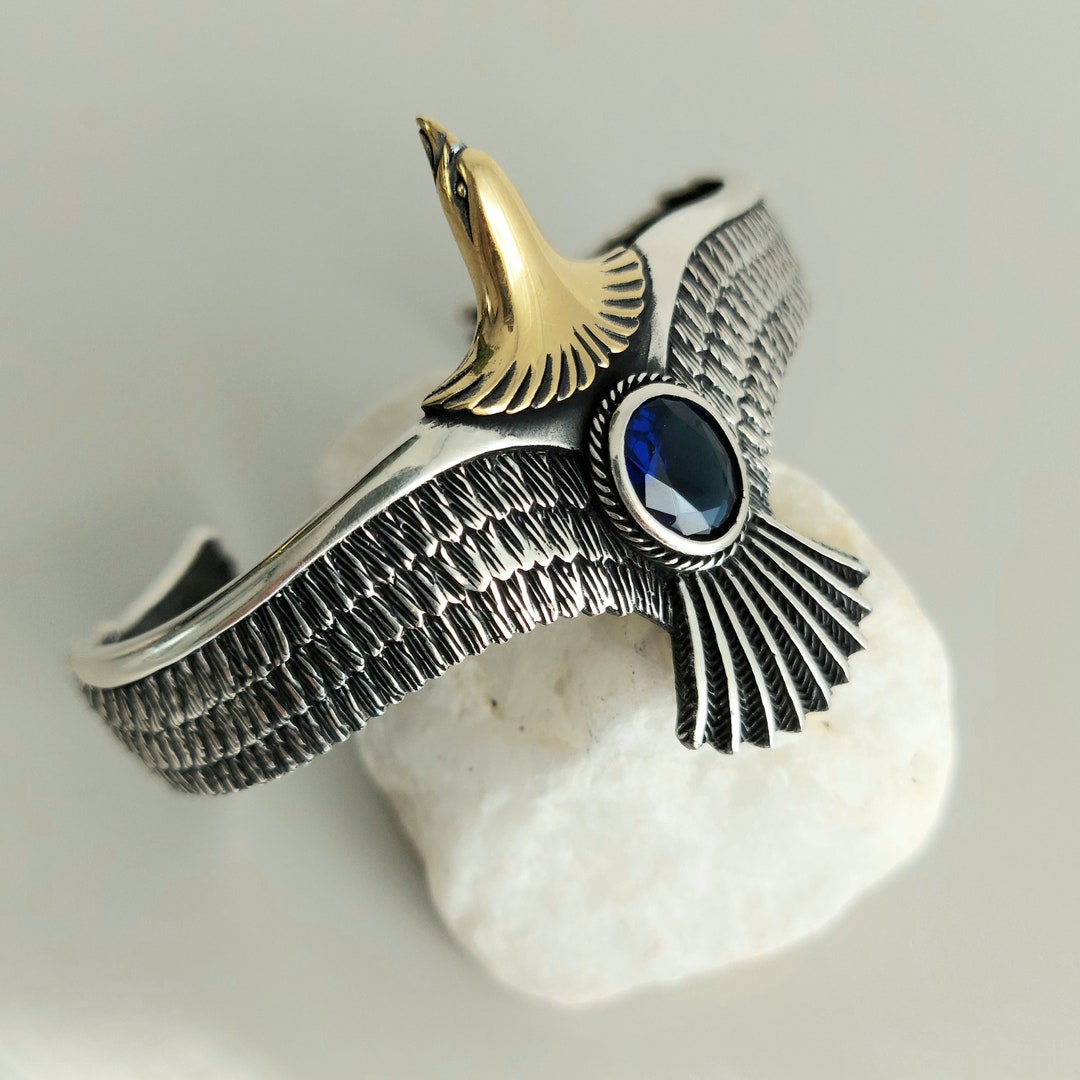 Handmade Sterling Silver Eagle Bracelet: Dark Blue Zircon Stone ...