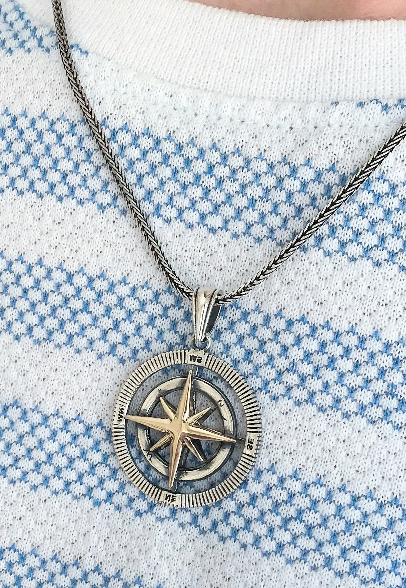 925 Sterling Silver Men Necklace Compass Pendant Necklace in | Etsy