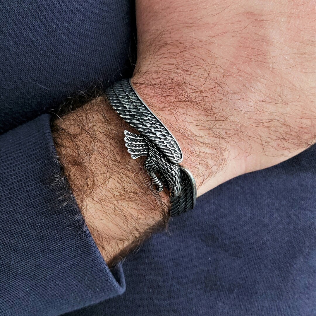 925 Sterling Silver Men's Handmade Wildlife Eagle Bracelet , Adjustable ...