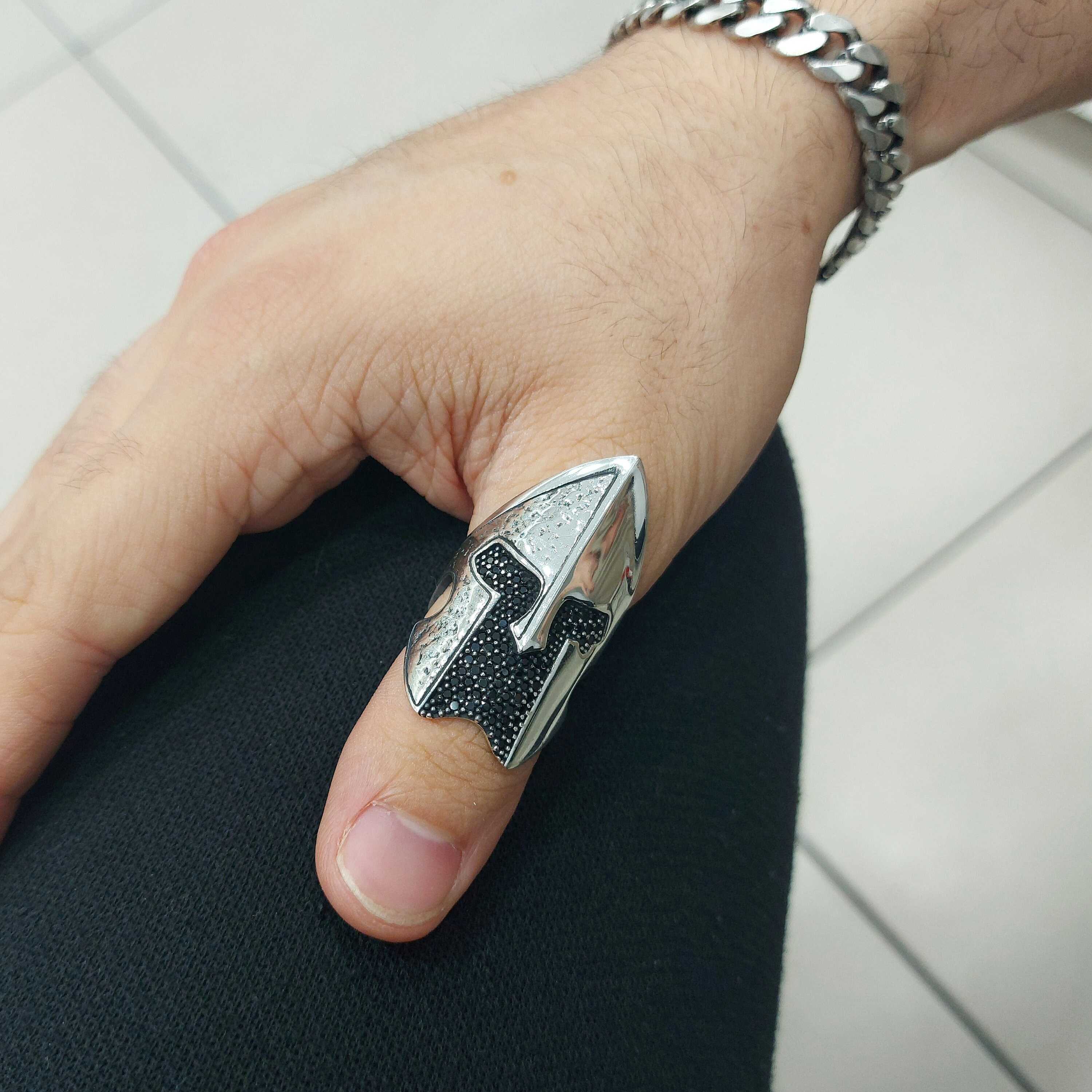 925K Silver Spartan Helmet Silver Handmade Ring With Black 925K Silver Spartan Helmet Silver Handmade Ring With Black