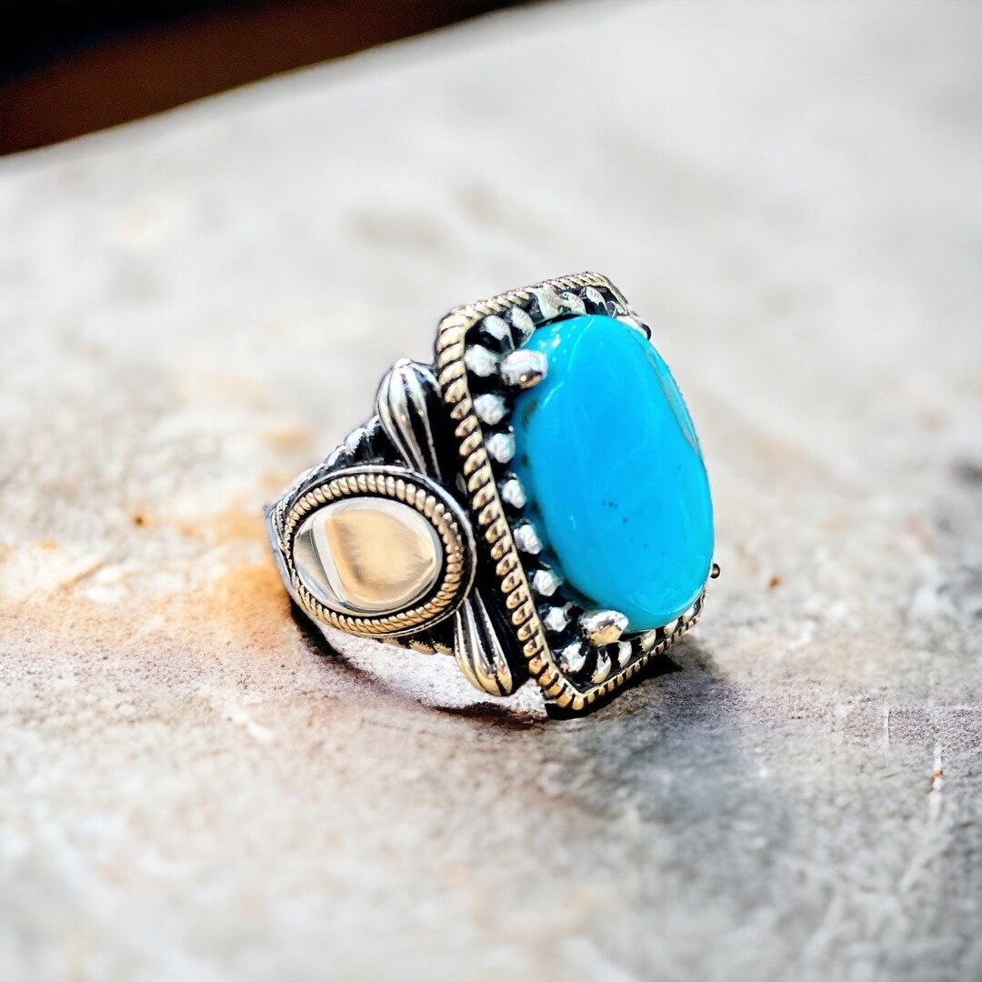 925k Men Handmade Turquoise Ring , Natural Gemstone Ring , Oval ...
