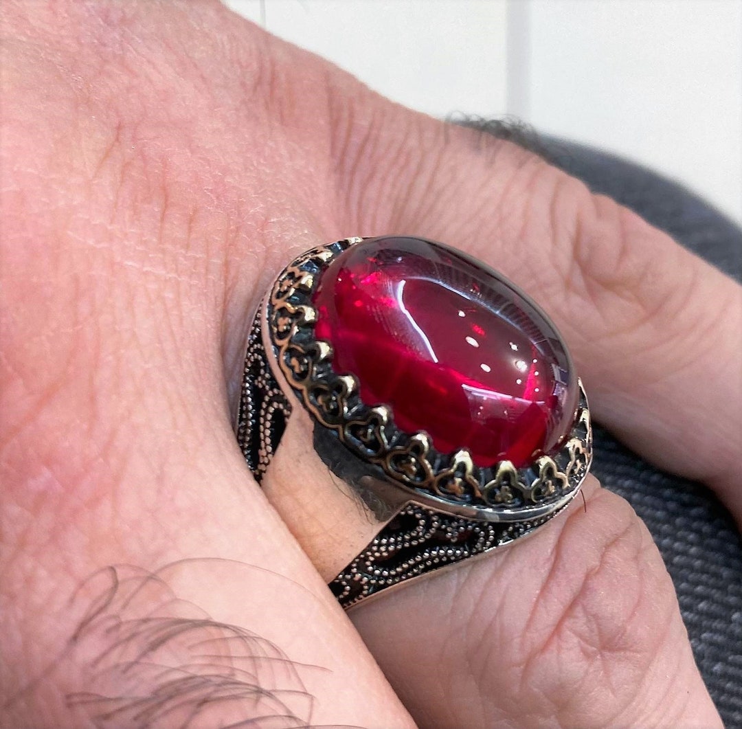 Men Handmade Silver Ring , Red Ruby Stone Ring , Ottoman Style Ring ...