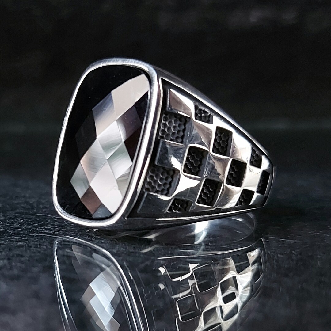 Silver Onyx Stone Ring , Chess Board Design Ring, 925 Sterling Silver ...