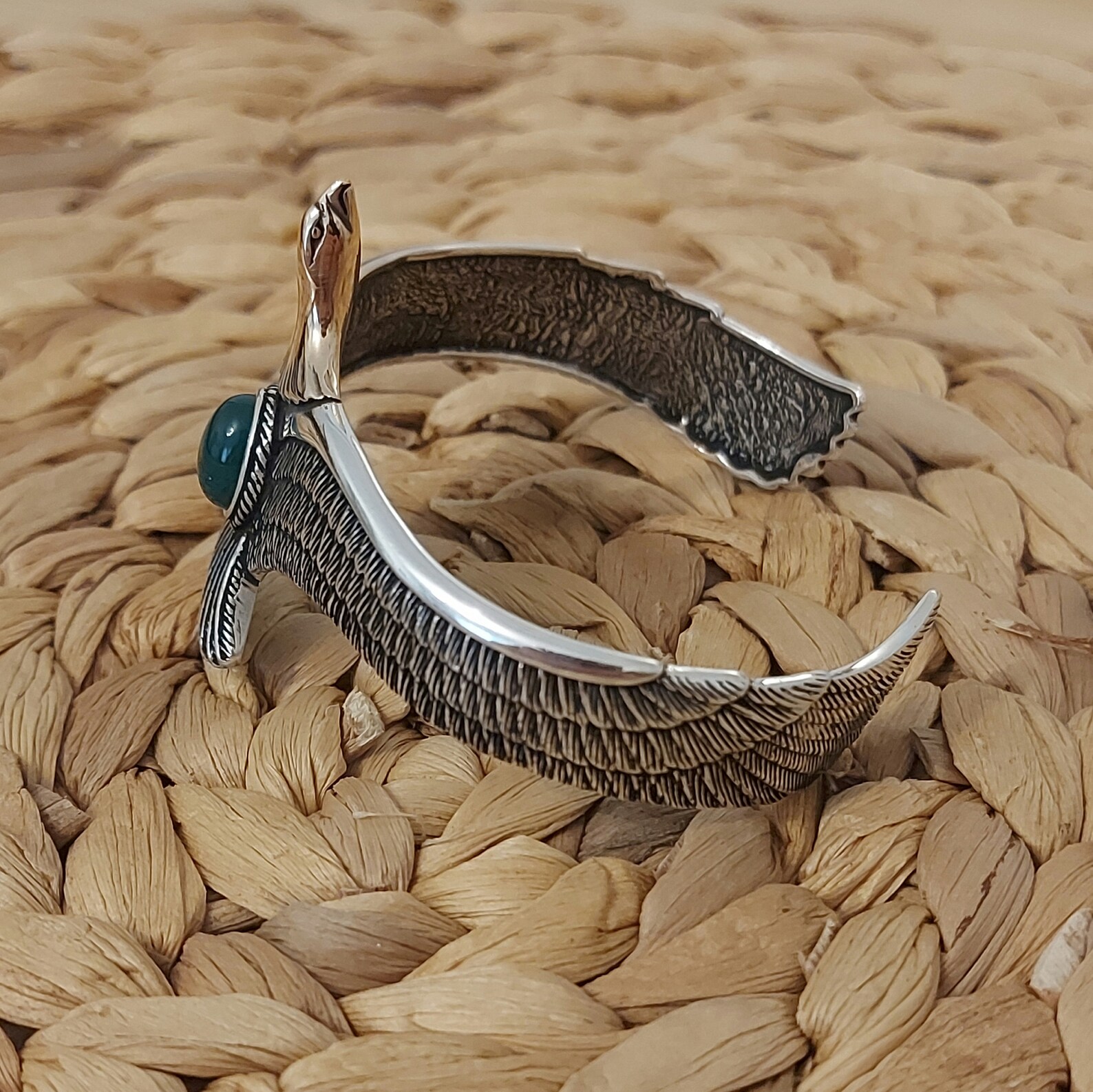 Handmade Sterling Silver Eagle Bracelet: Green Emerald Wildlife Jewelry ...