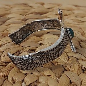Handmade Sterling Silver Eagle Bracelet: Green Emerald Wildlife Jewelry ...