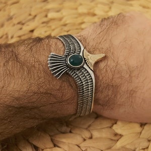 Handmade Sterling Silver Eagle Bracelet: Green Emerald Wildlife Jewelry ...