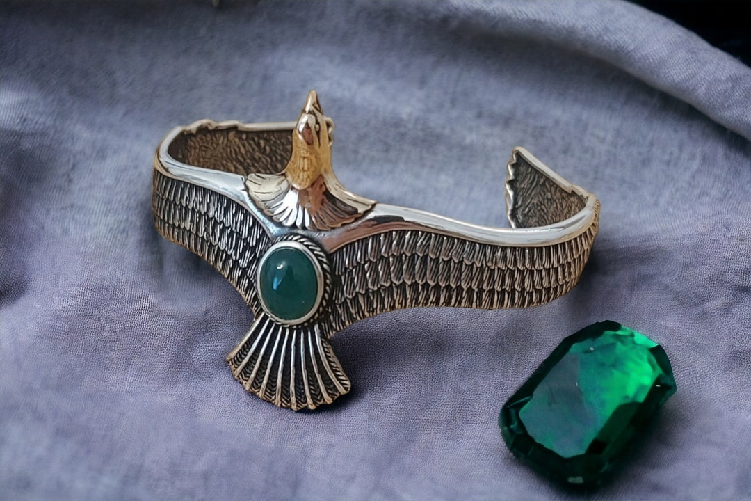 Handmade Sterling Silver Eagle Bracelet: Green Emerald Wildlife Jewelry ...