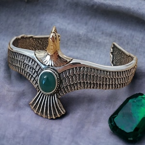 Handmade Sterling Silver Eagle Bracelet: Green Emerald Wildlife Jewelry ...