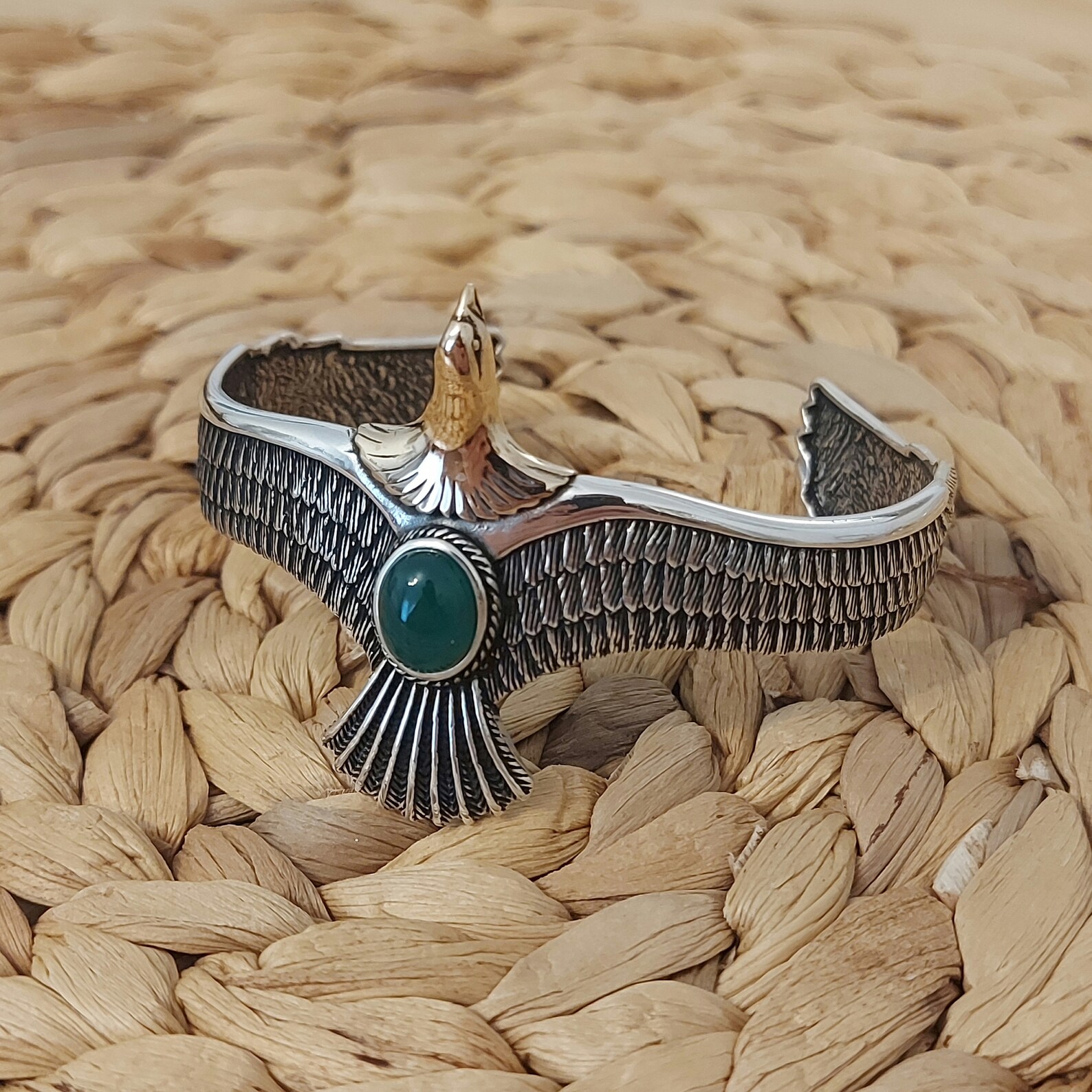 Handmade Sterling Silver Eagle Bracelet: Green Emerald Wildlife Jewelry ...