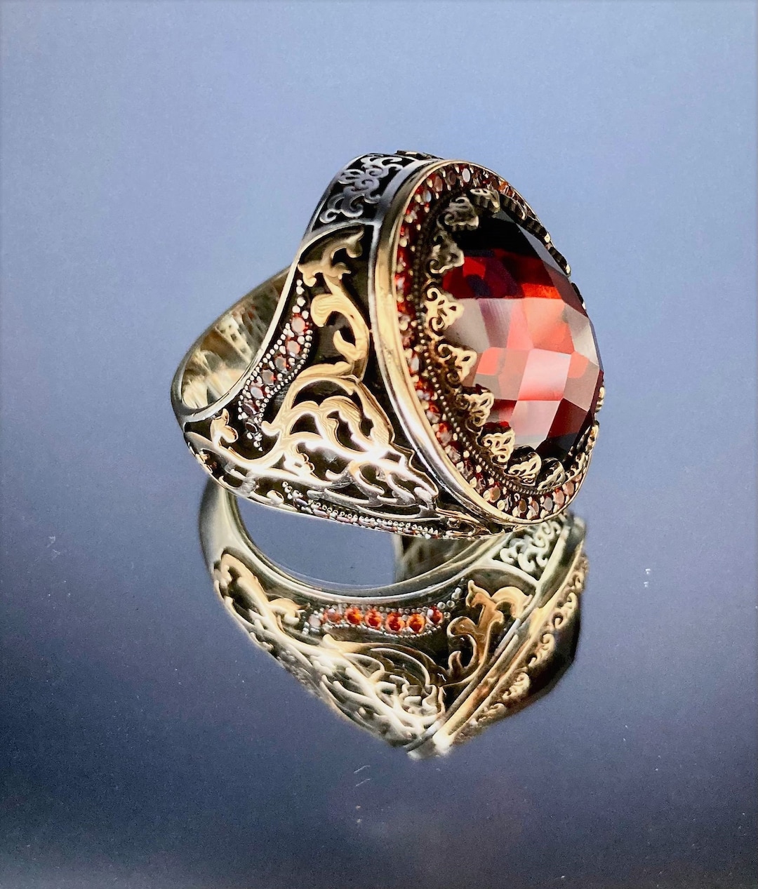 Men Handmade Style Ring , Red Zircon Gemstone Ring , Embroidered Ring ...