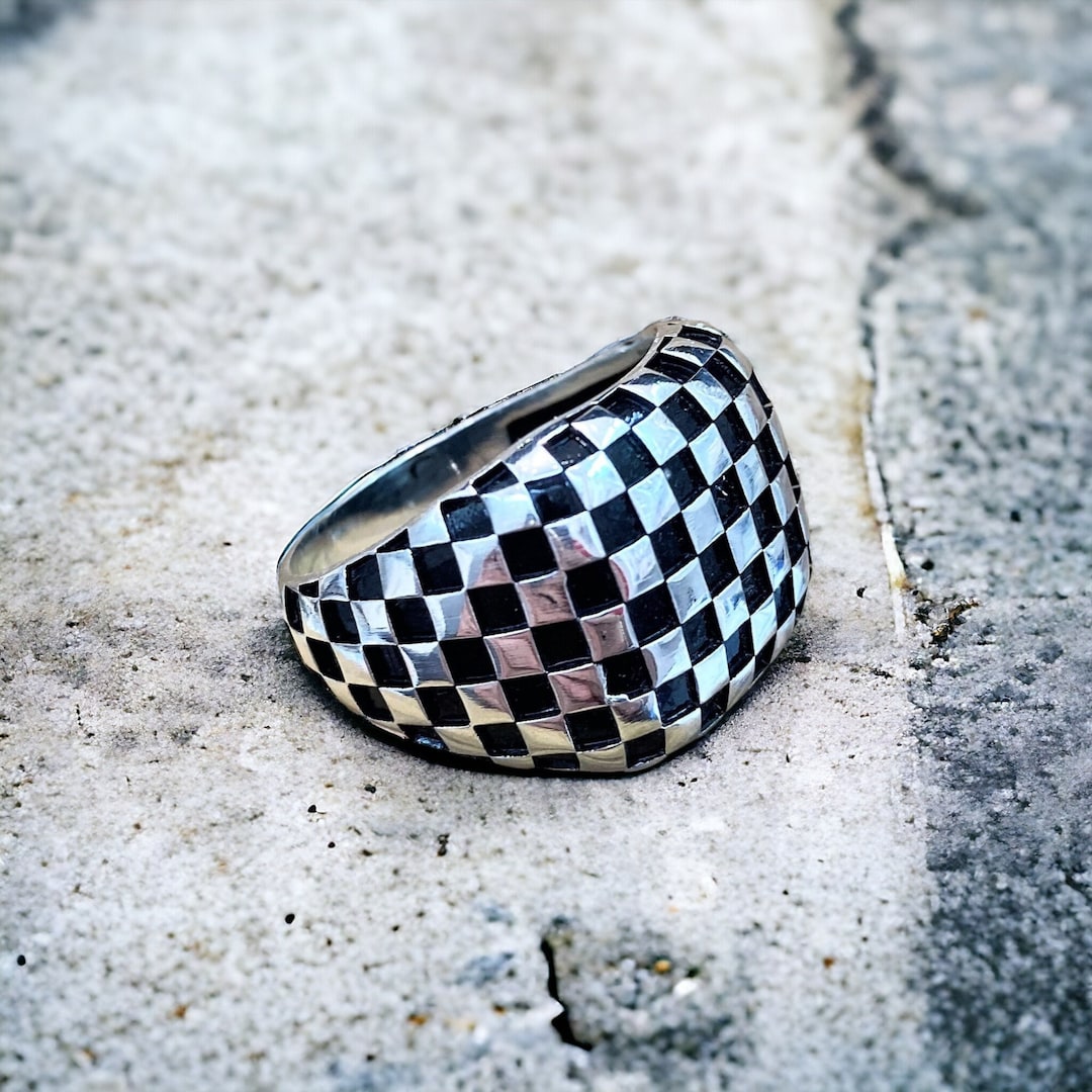Silver Handmade Checkered Ring , Racing Design Ring , Checked Pattern ...