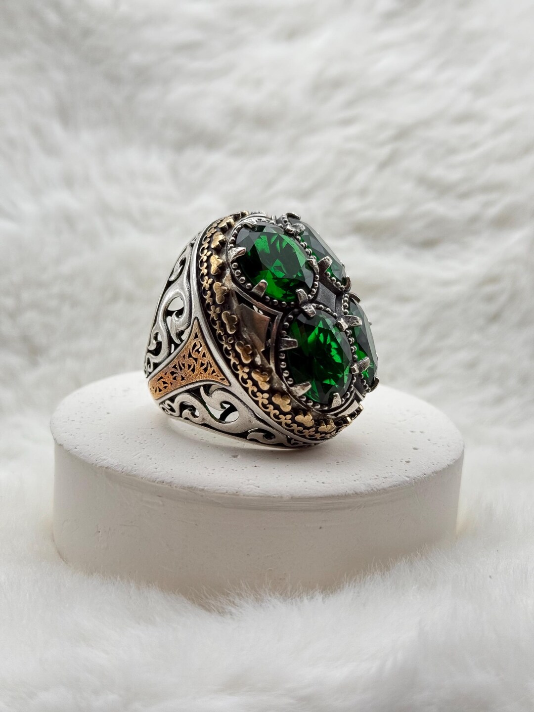 Heavy Men's Green Emerald Clover Ring, Handmade 925 Silver, Four-stone ...