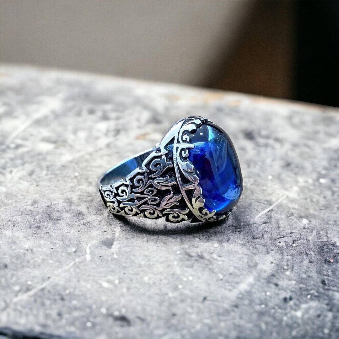 Men Blue Stone Ring , Oval Sapphire Stone Ring , Turkish Handmade Ring ...