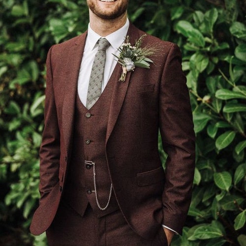 Men Maroon Tweed Suit For Wedding Groomsmen Suit 3 Piece Suit Etsy