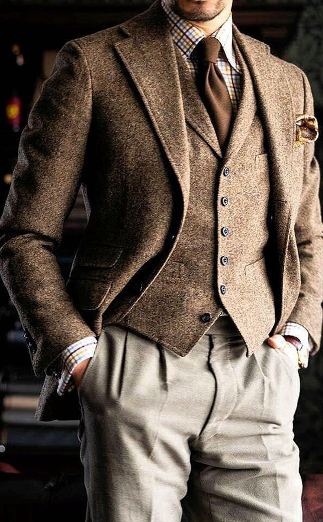 Brown 17 Num 3 Piece Tweed Suit Men Wedding Suit Groom Brown Tweed