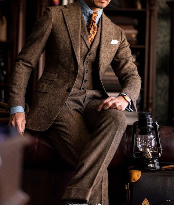 Brown 17 Num 3 Piece Tweed Suit Men Wedding Suit Groom Brown Etsy